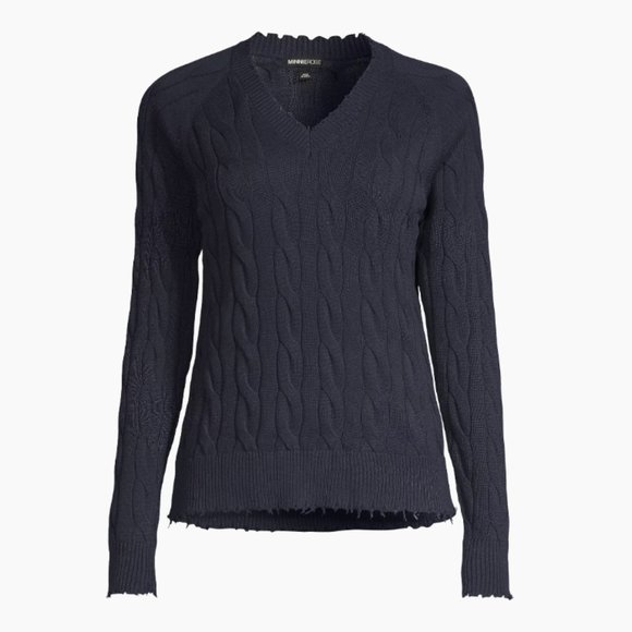 Minnie Rose | Sweaters | Minnie Rose Navy Frayed Cableknit Sweater ...